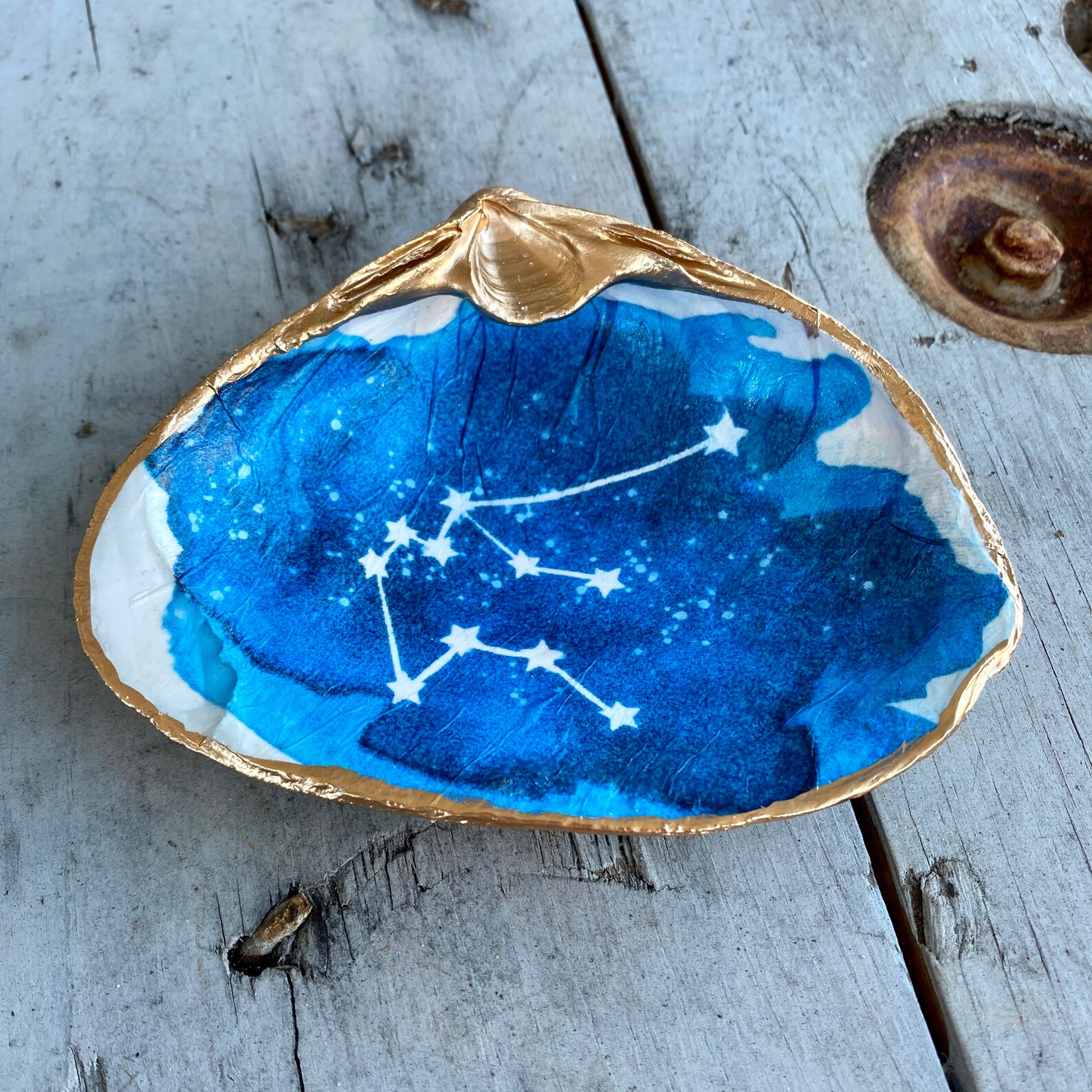 Decoupage Clam Shell, Zodiac Celestial Beach Decor, Constellation Art ...