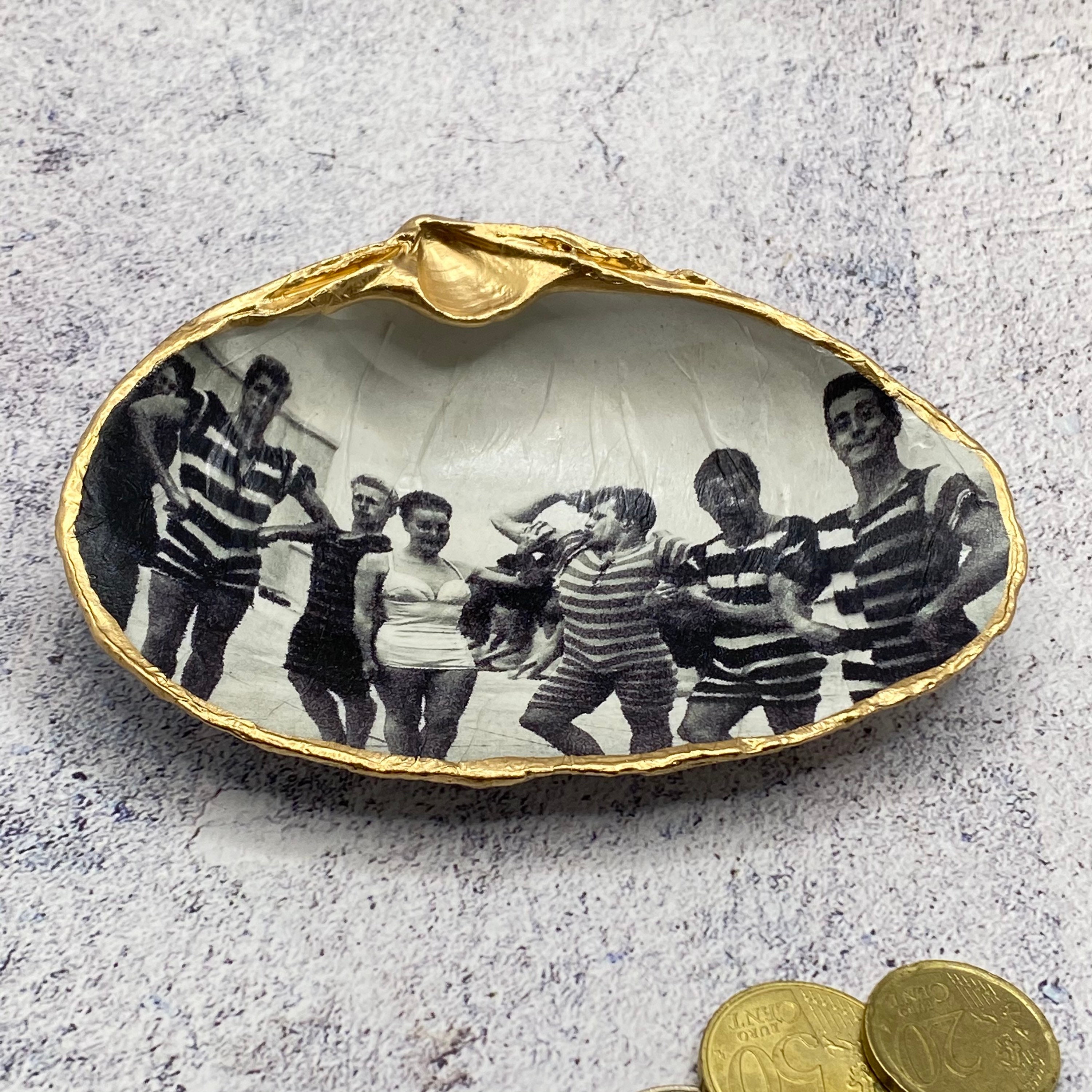Decoupage Clam Shell Decor, Vintage Swimmer Beach Art, Handmade Ring ...