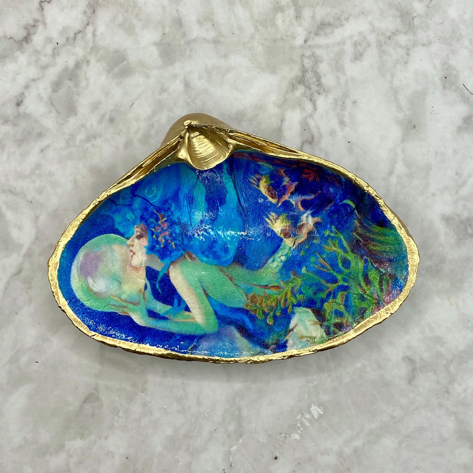 Decoupage Clam Shell Decor Art Deco Mermaid Blue and Green | Etsy