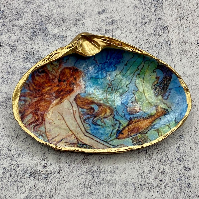 Decoupage Clam Shell Art Mermaid Beach Decor Handmade Ring - Etsy