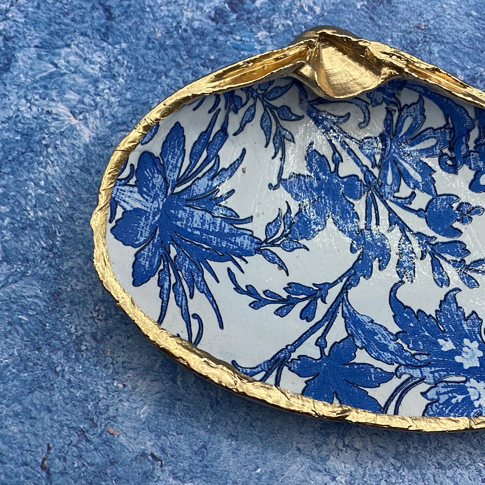 Decoupage Shell Art Decor Damask Blue and White Beach | Etsy