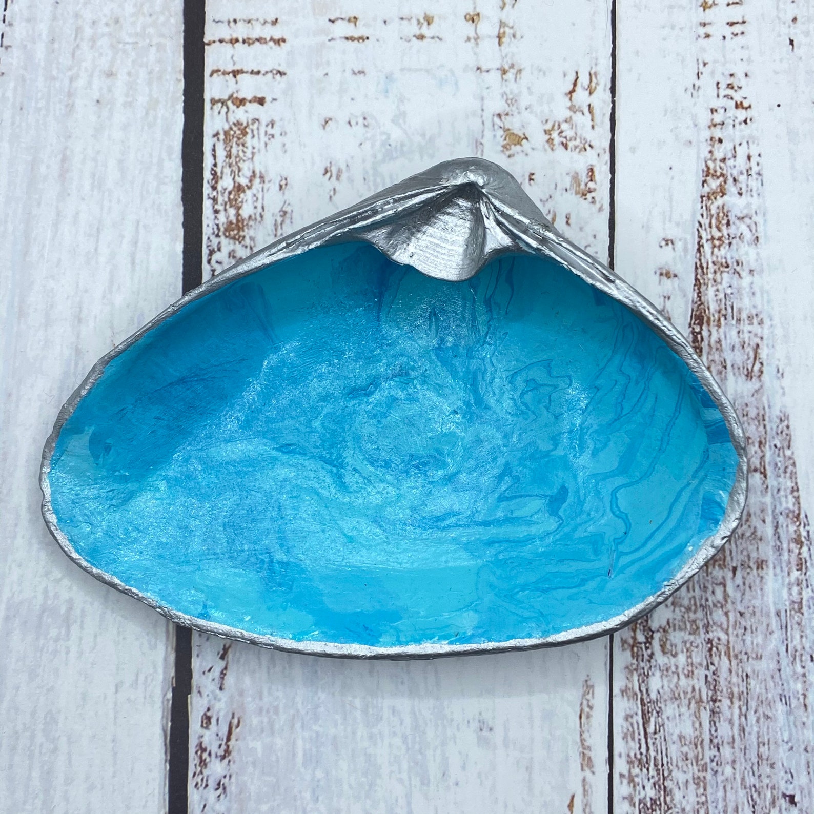 Hand Painted Clam Shell Art Blue Silver Swirl Glitter | Etsy