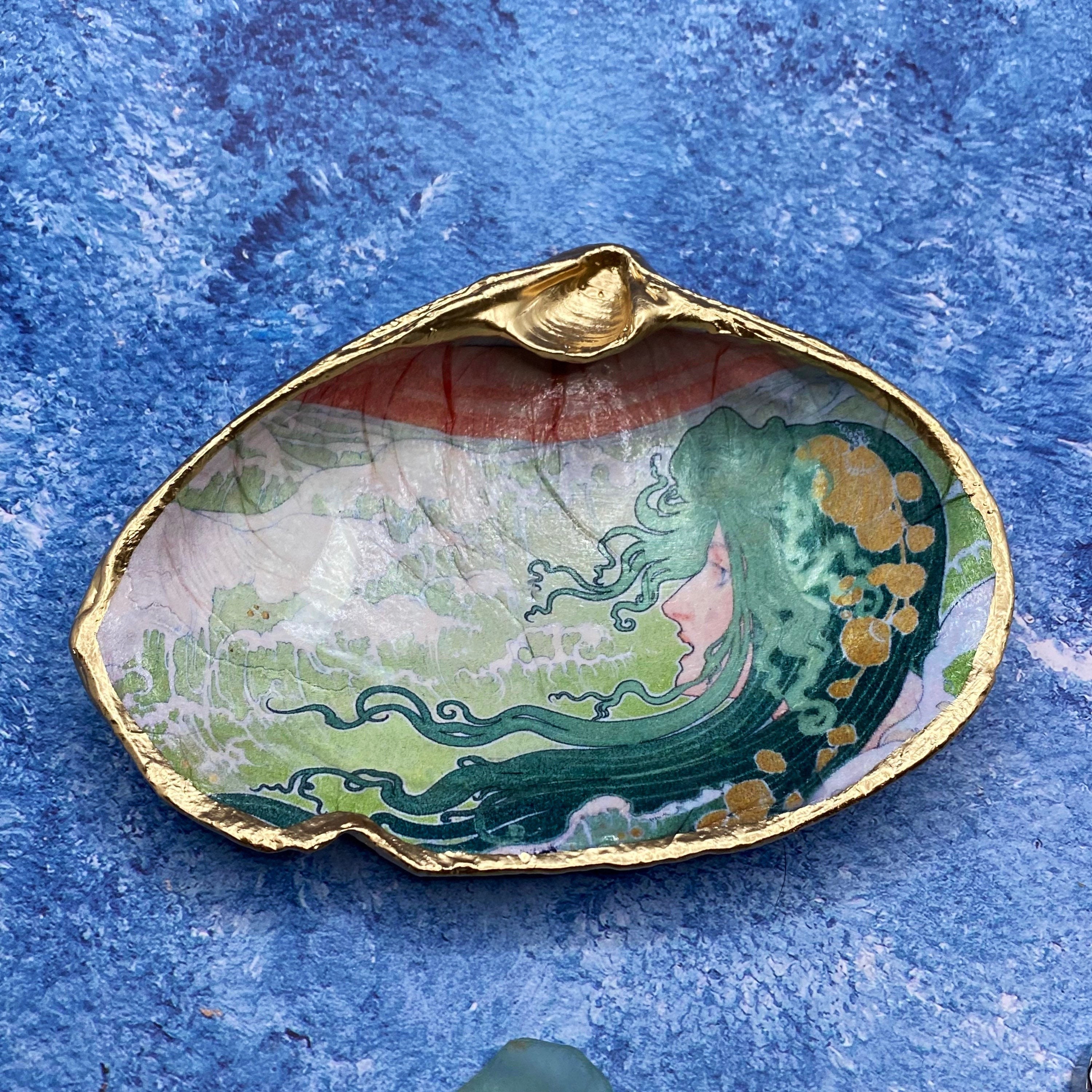 Decoupage Clam Shell Decor, Art Nouveau Wave Fantasy Fairy Trinket Dish ...