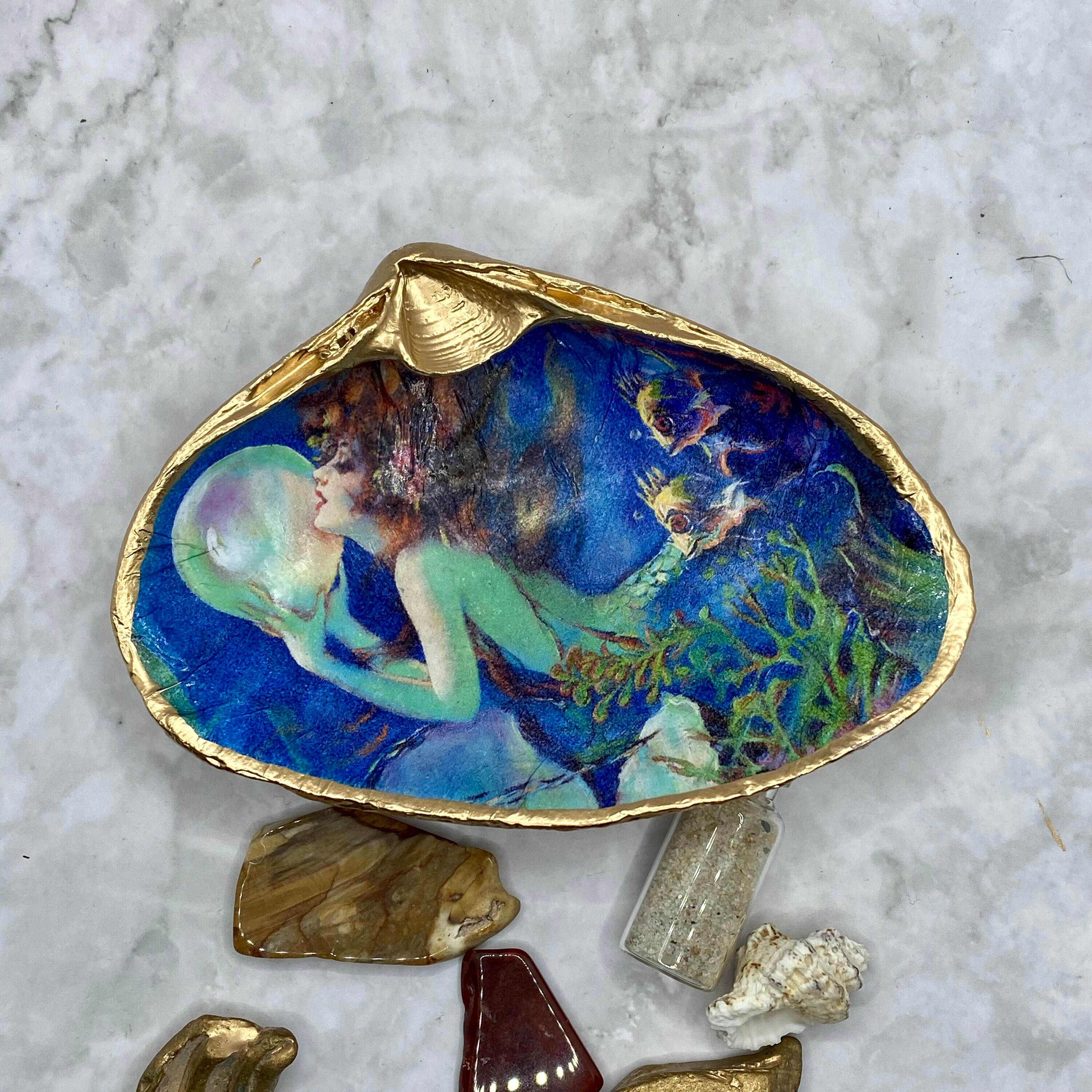 Decoupage Clam Shell Decor Art Deco Mermaid Blue and Green | Etsy