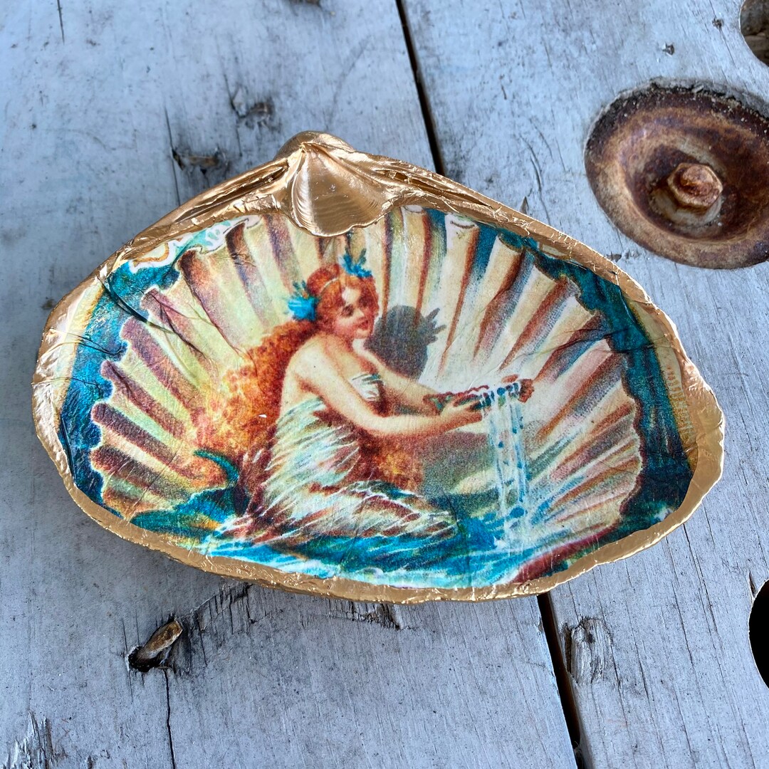 Decoupage Clam Shell Decor, Mermaid Art Nouveau, Coastal Decor, Trinket ...
