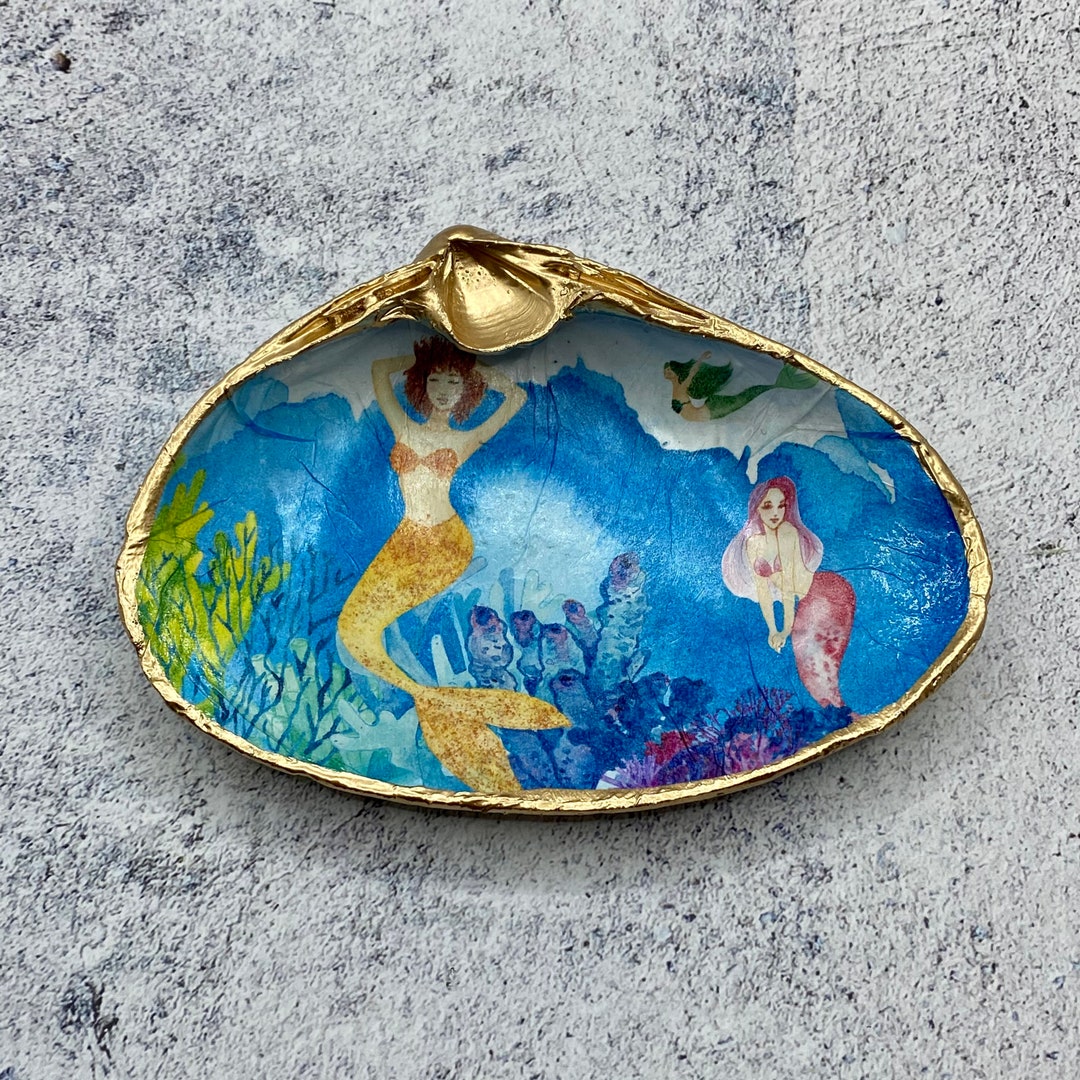 Decoupage Clam Shell, Mermaids Friends Decor, Trinket Dish - Etsy