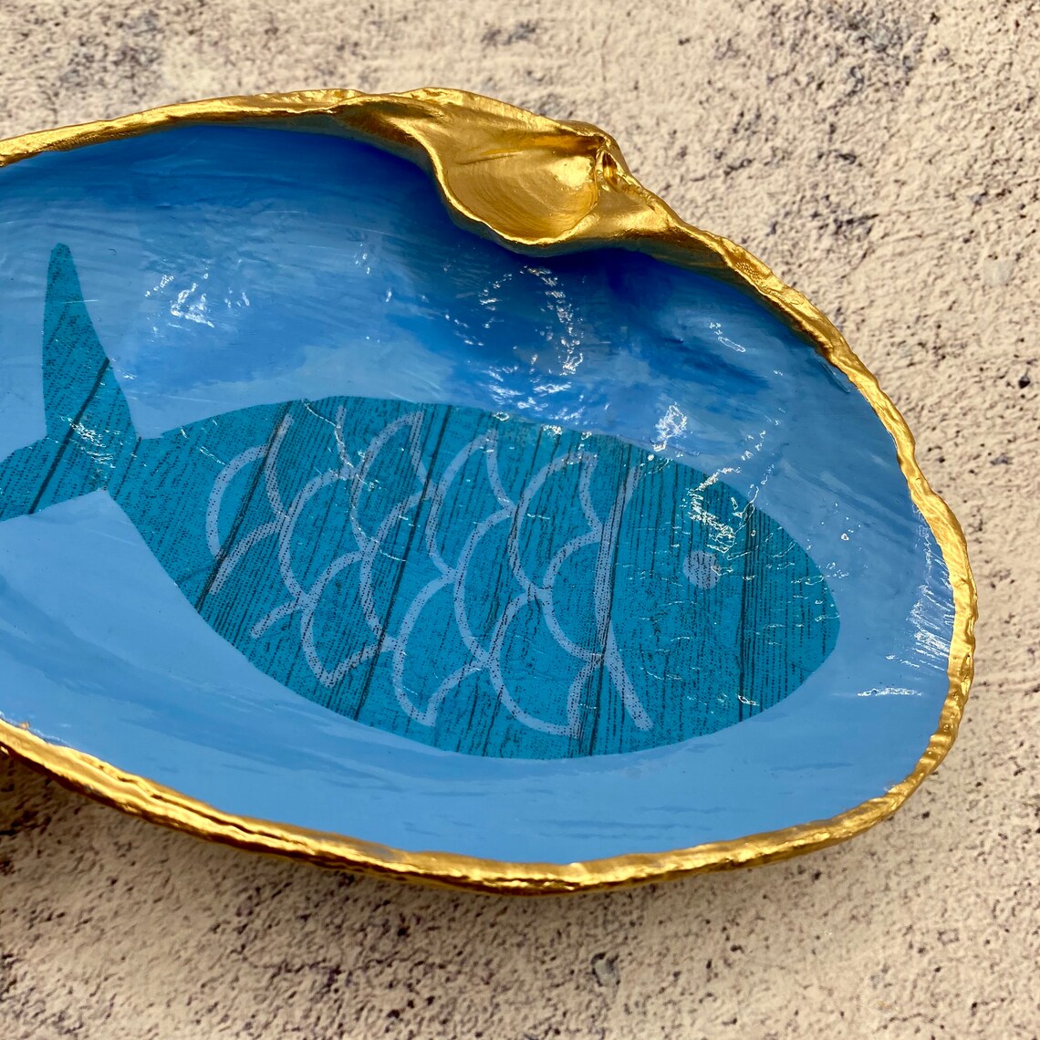Decoupage Clam Shell Decor Blue Fish Art Handmade Ring Dish - Etsy