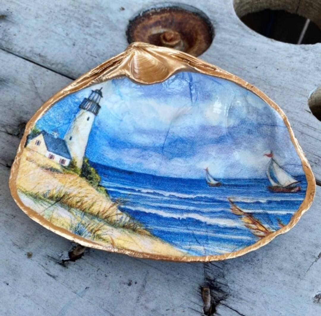 Decoupage Clam Shell Decor, Lighthouse Art, Handmade Ring Dish - Etsy