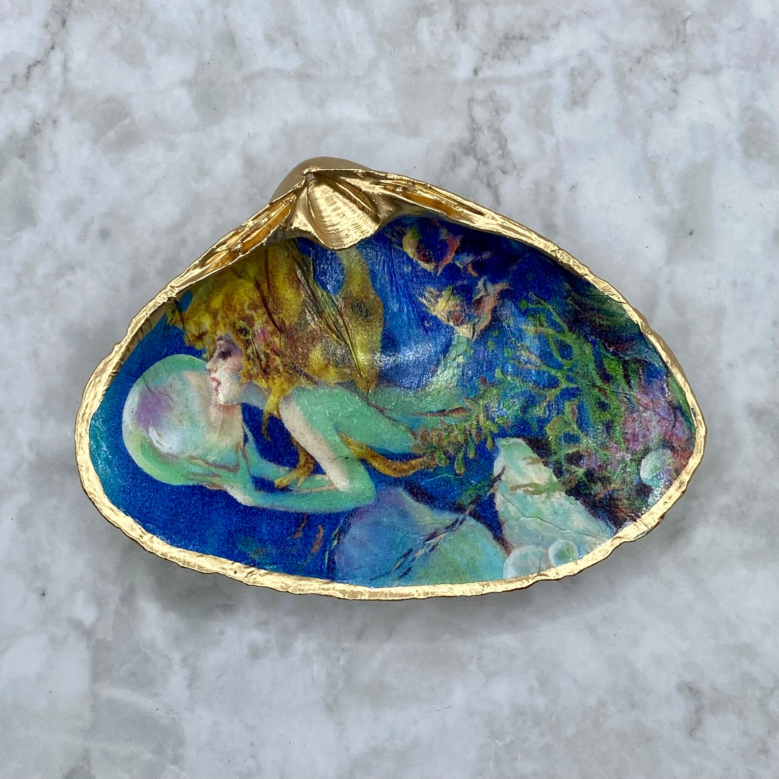 Decoupage Clam Shell Decor Art Deco Mermaid Blue and Green | Etsy