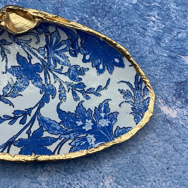 Decoupage Shell Art Decor Damask Blue and White Beach | Etsy