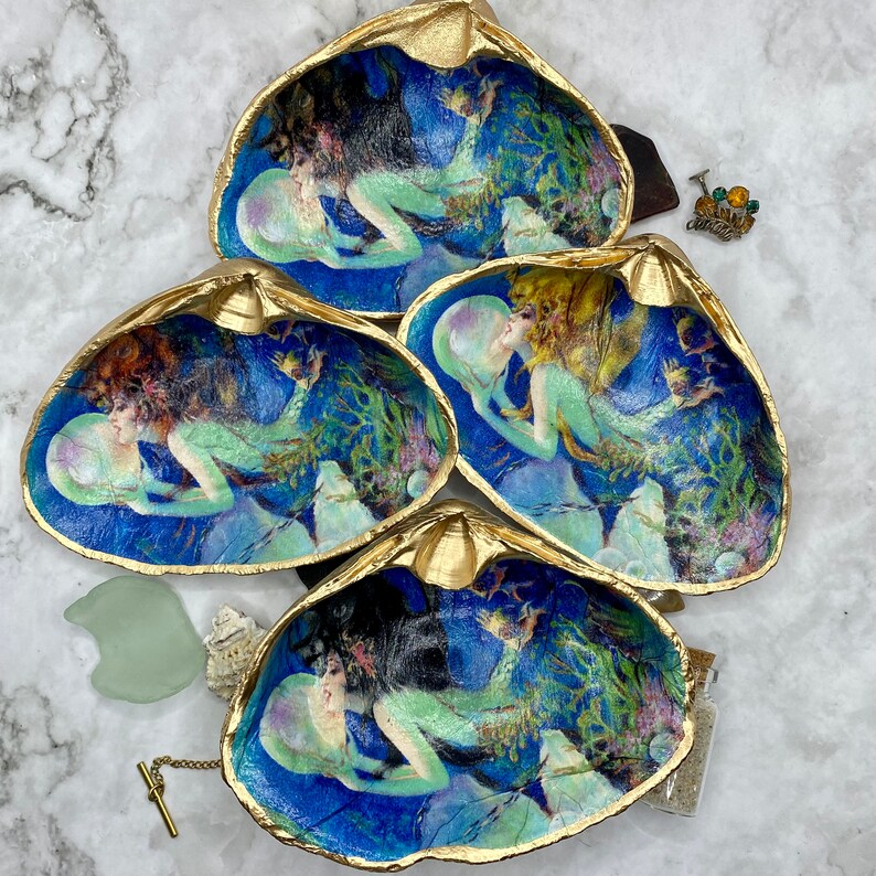 Decoupage Clam Shell Decor Art Deco Mermaid Blue and Green - Etsy