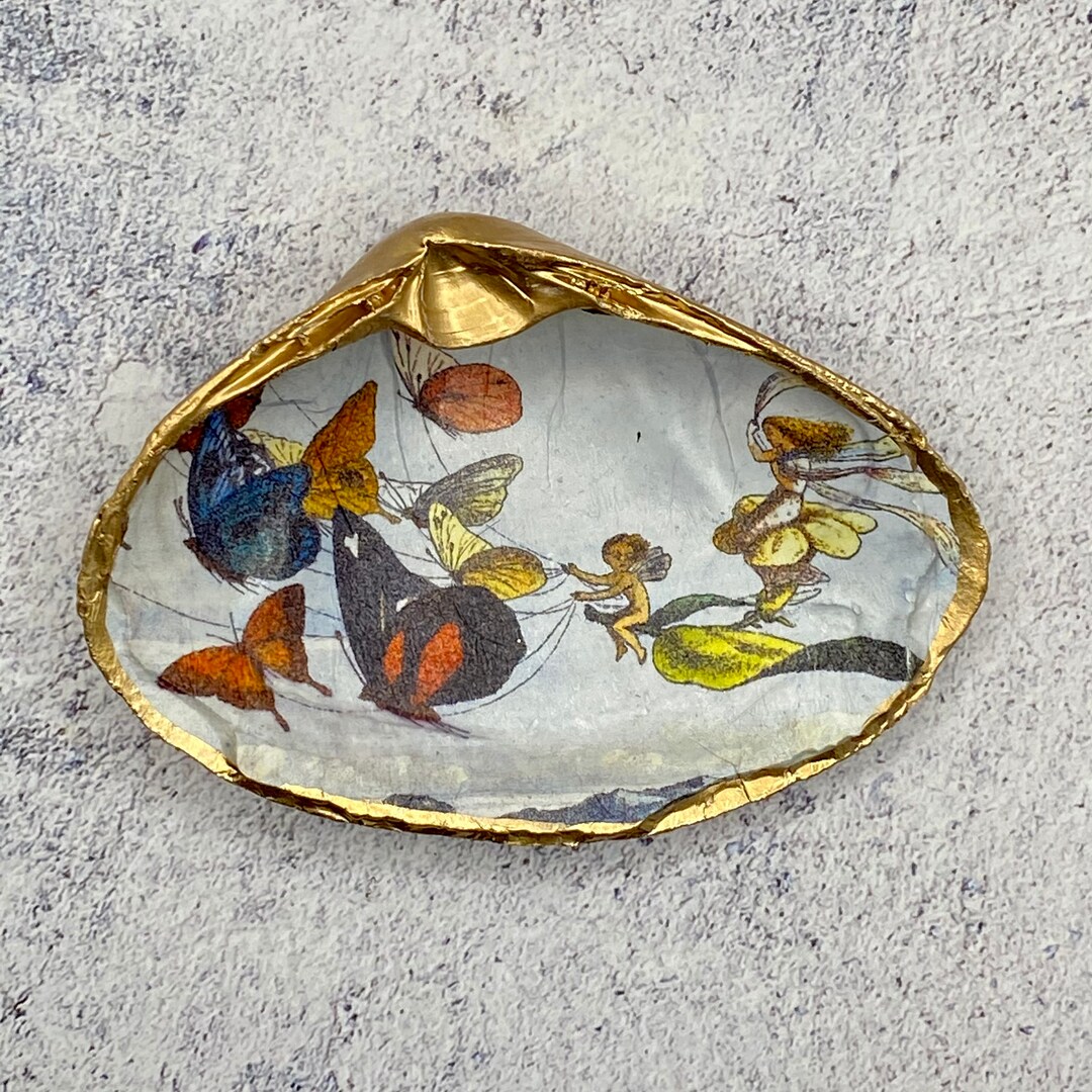 Decoupage Clam Shell Art, Butterfly Fairy Queen Beach Decor, Handmade ...