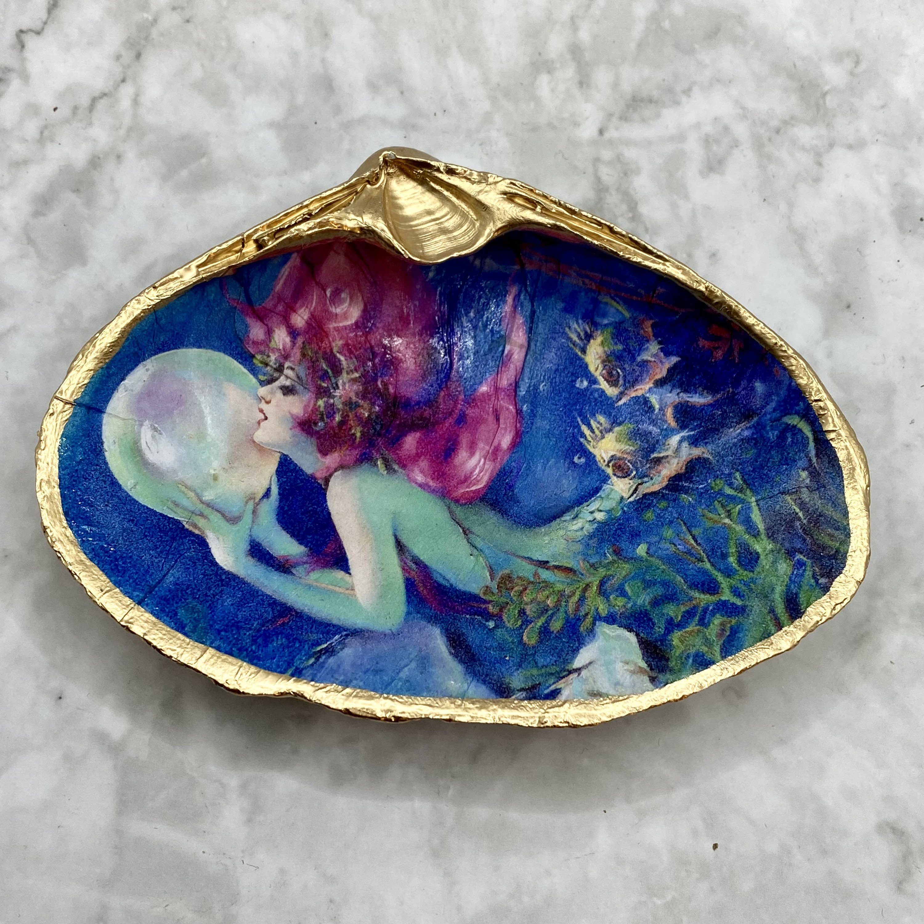 Decoupage Clam Shell Decor Art Deco Mermaid Blue and Green | Etsy