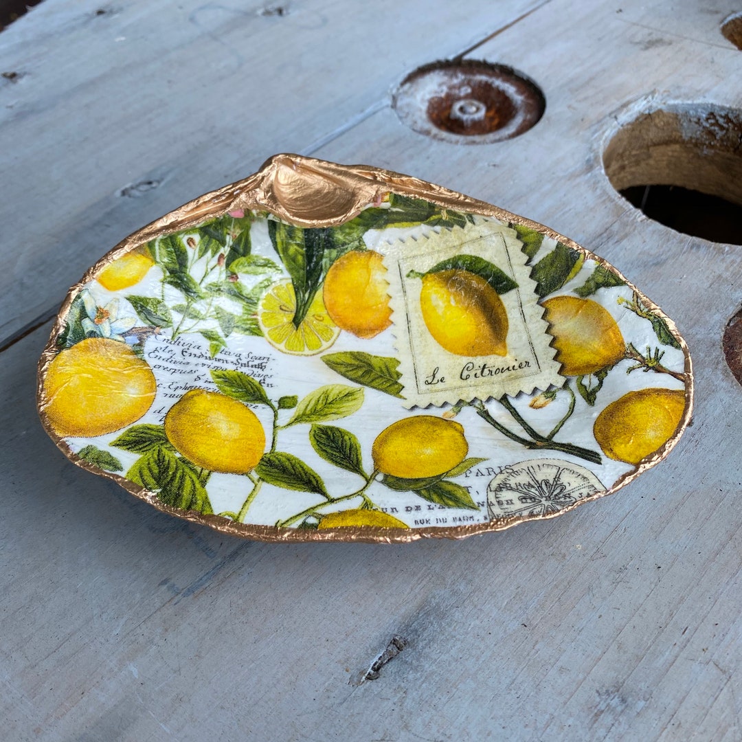 Decoupage Clam Shell, Lemon Citrus Beach Decor, Yellow and Green ...