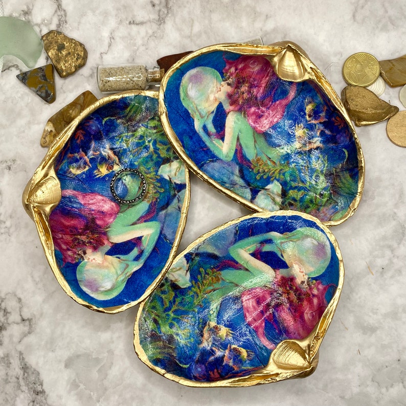 Decoupage Clam Shell Decor Art Deco Mermaid Blue and Green - Etsy