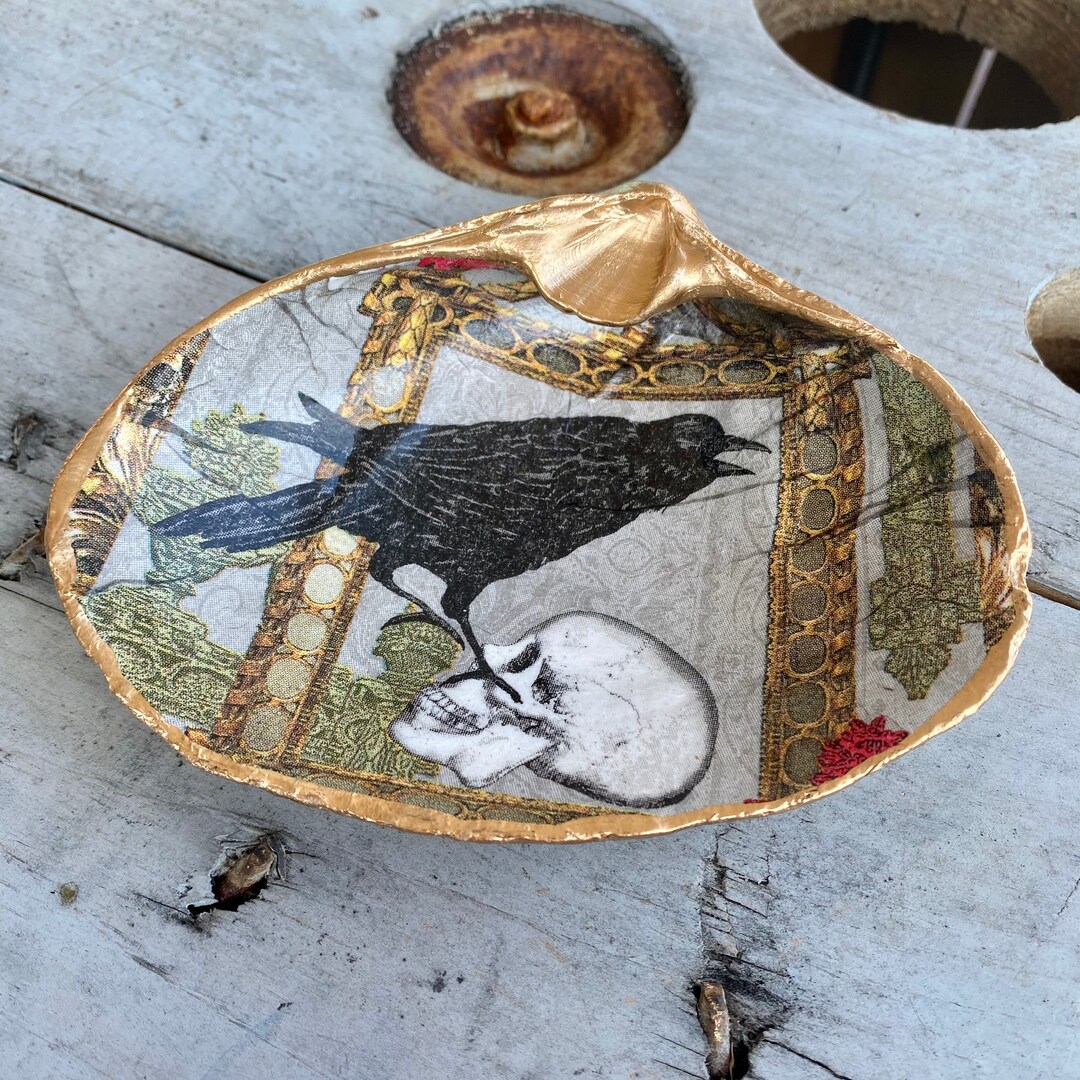Decoupage Clam Shell Art, Skull and Black Bird Beach Decor, Handmade ...