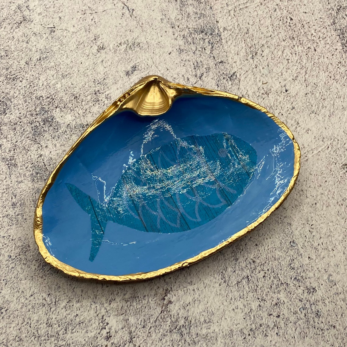Decoupage Clam Shell Decor Blue Fish Art Handmade Ring Dish - Etsy