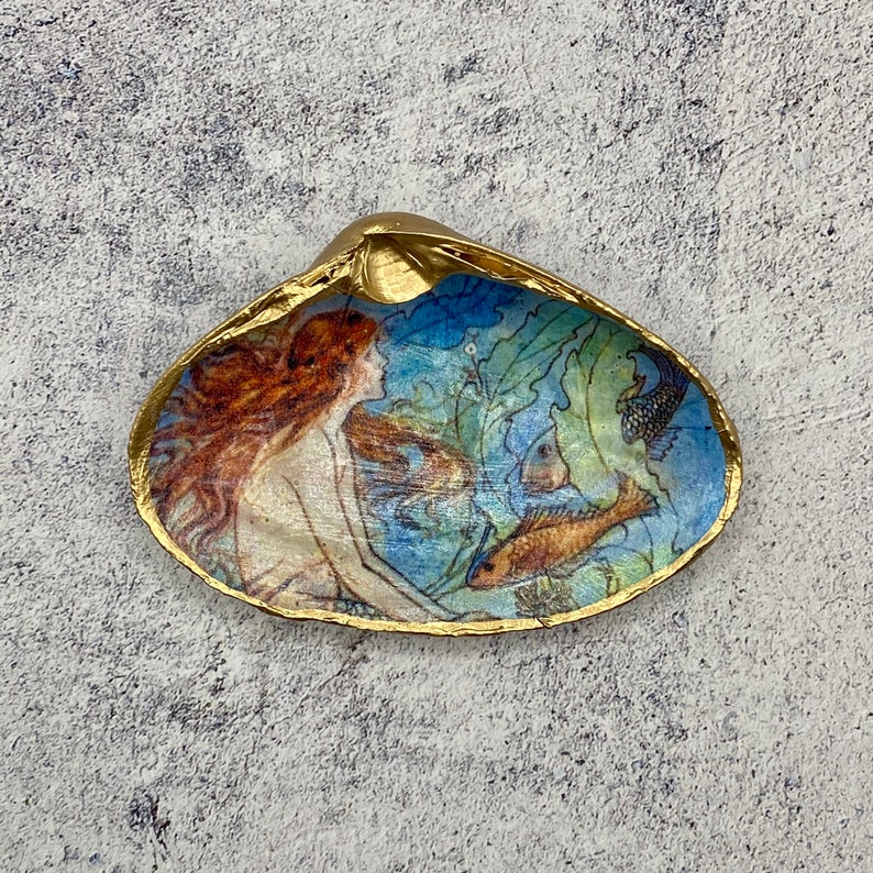 Decoupage Clam Shell Art Mermaid Beach Decor Handmade Ring - Etsy