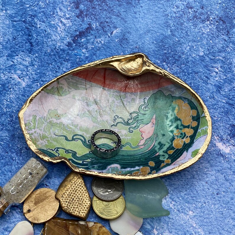 Decoupage Clam Shell Decor, Art Nouveau Wave Fantasy Fairy Trinket Dish ...