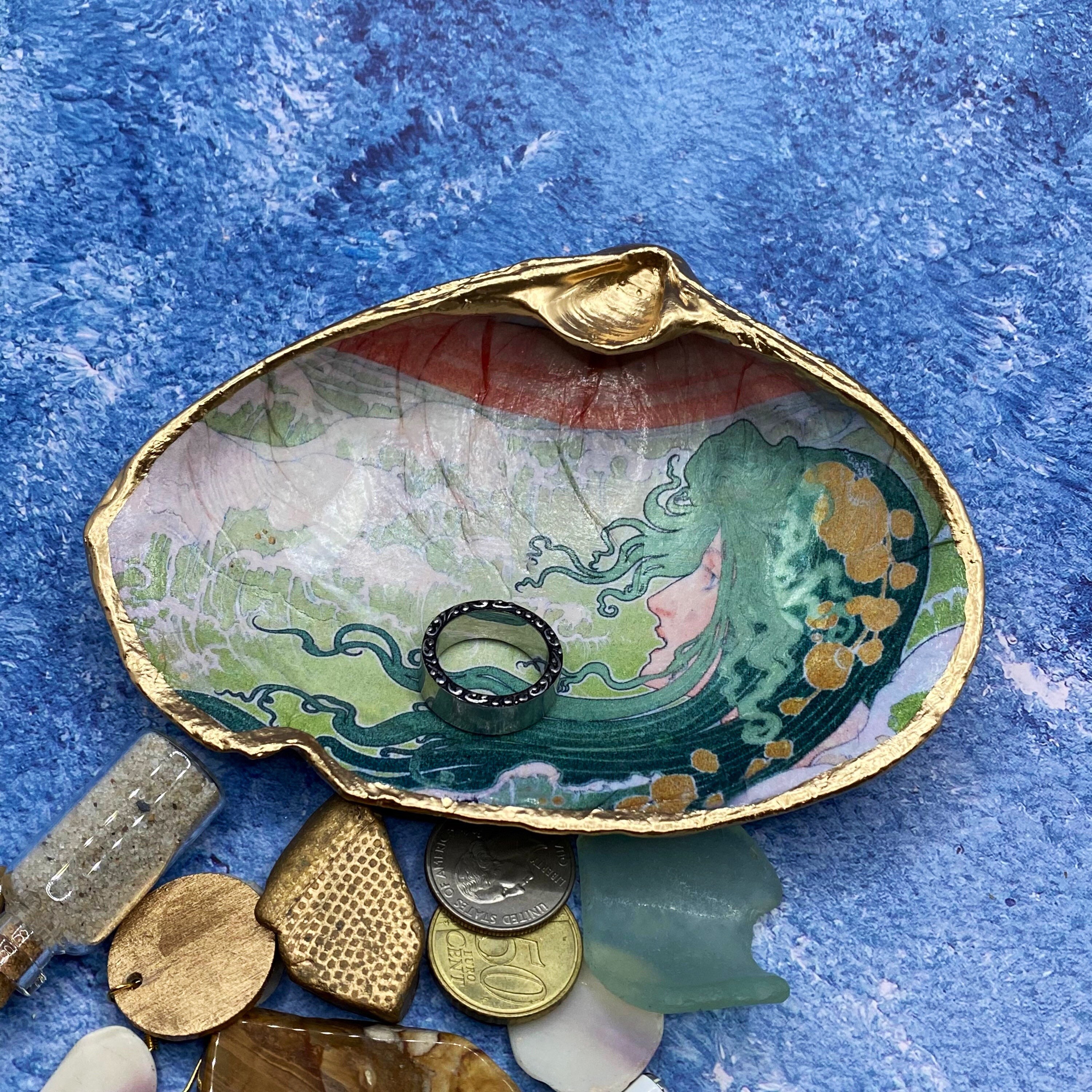 Decoupage Clam Shell Decor, Art Nouveau Wave Fantasy Fairy Trinket Dish ...