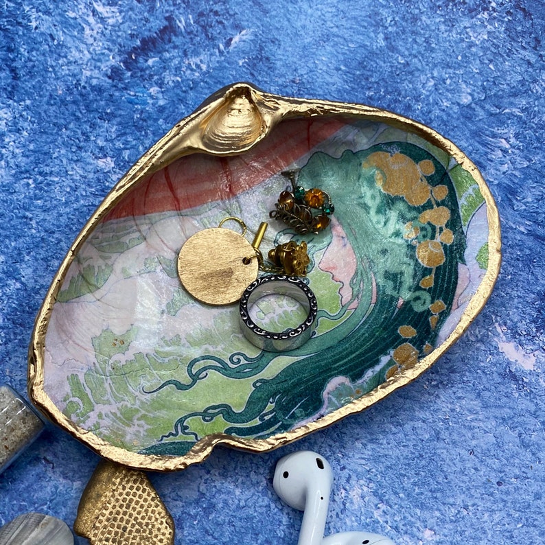 Decoupage Clam Shell Decor, Art Nouveau Wave Fantasy Fairy Trinket Dish ...
