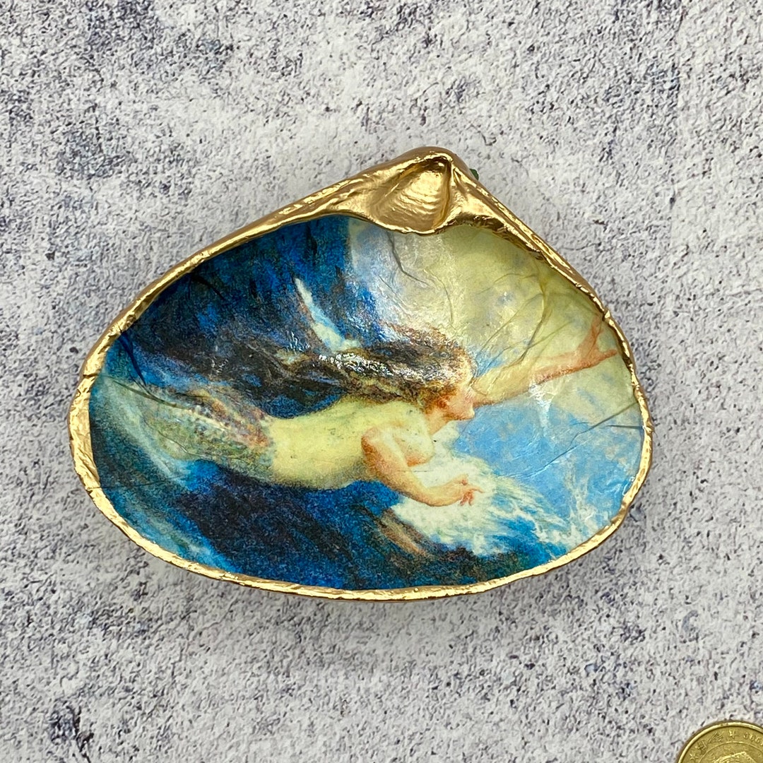 Decoupage Clam Shell Decor, Mermaid Wave Art, Handmade Ring Dish - Etsy