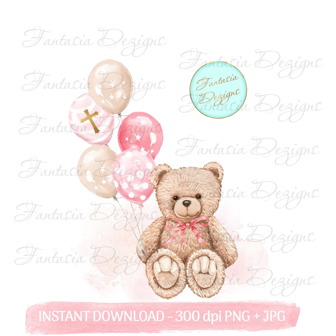 Teddy Bear Pink Girl Baptism Bautizo Christening Clipart - Etsy