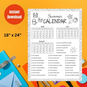 Printable Summer Calendar Poster, Summer Activities Calendar, Bucket ...