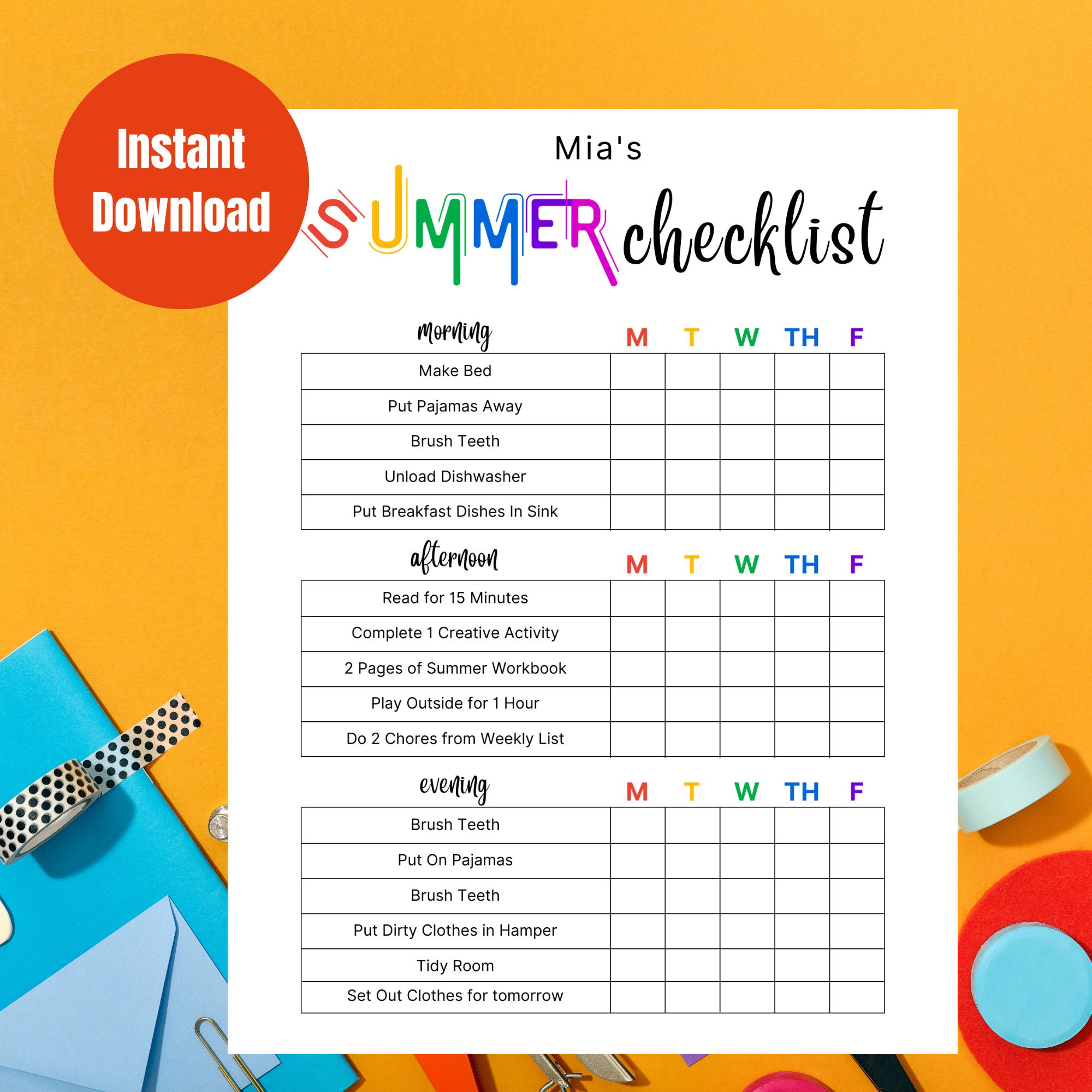 Printable Summer Daily Checklist for Kids, Editable Chore Chart ...