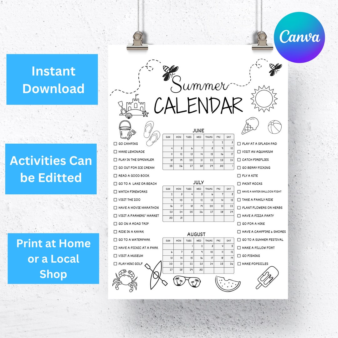 Printable Summer Calendar Poster, Summer Activities Calendar, Bucket ...