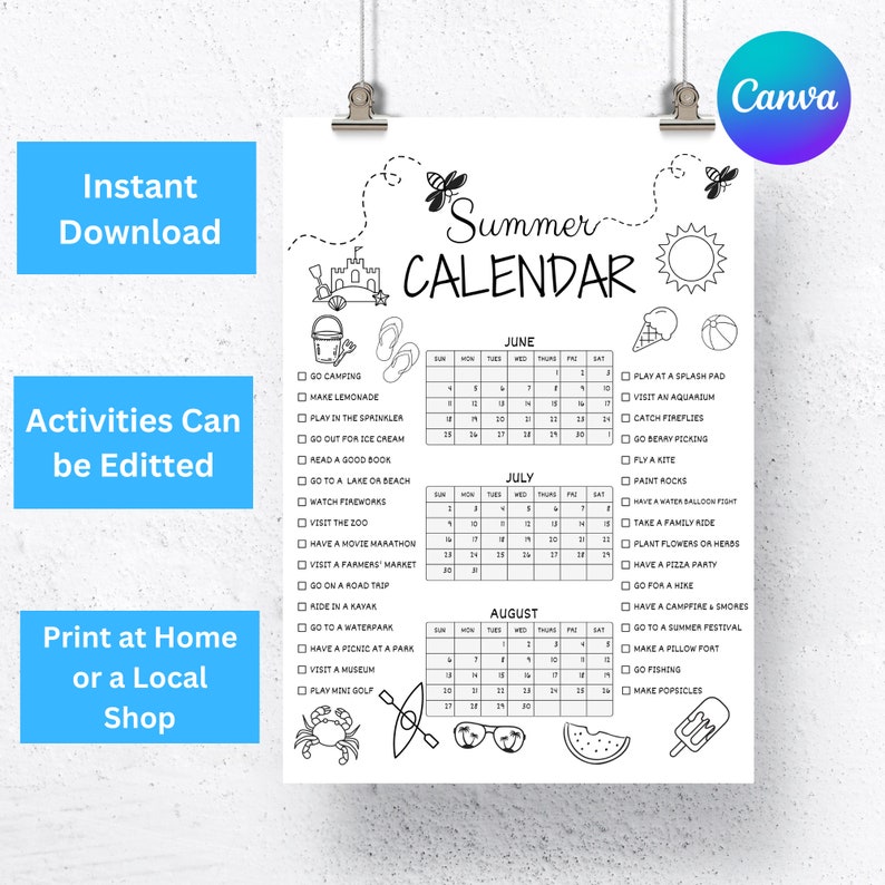 Editable Summer Activities Calendar, Family Bucket List (digital ...