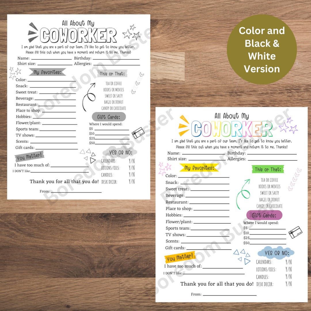 Coworker Questionnaire: Favorite Things, Team Building (digital ...