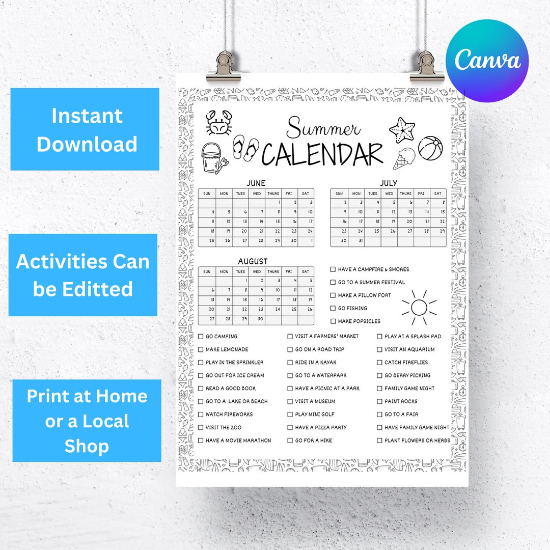 Printable Summer Calendar Poster, Summer Activities Calendar, Bucket List, Summer Checklist ...