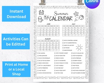 Editable Summer Calendar Poster, Summer Activities Calendar, Summer ...