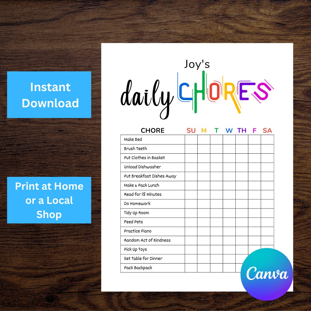 Kids Chore Checklist, Kids Daily Schedule Printable, Editable Chore ...
