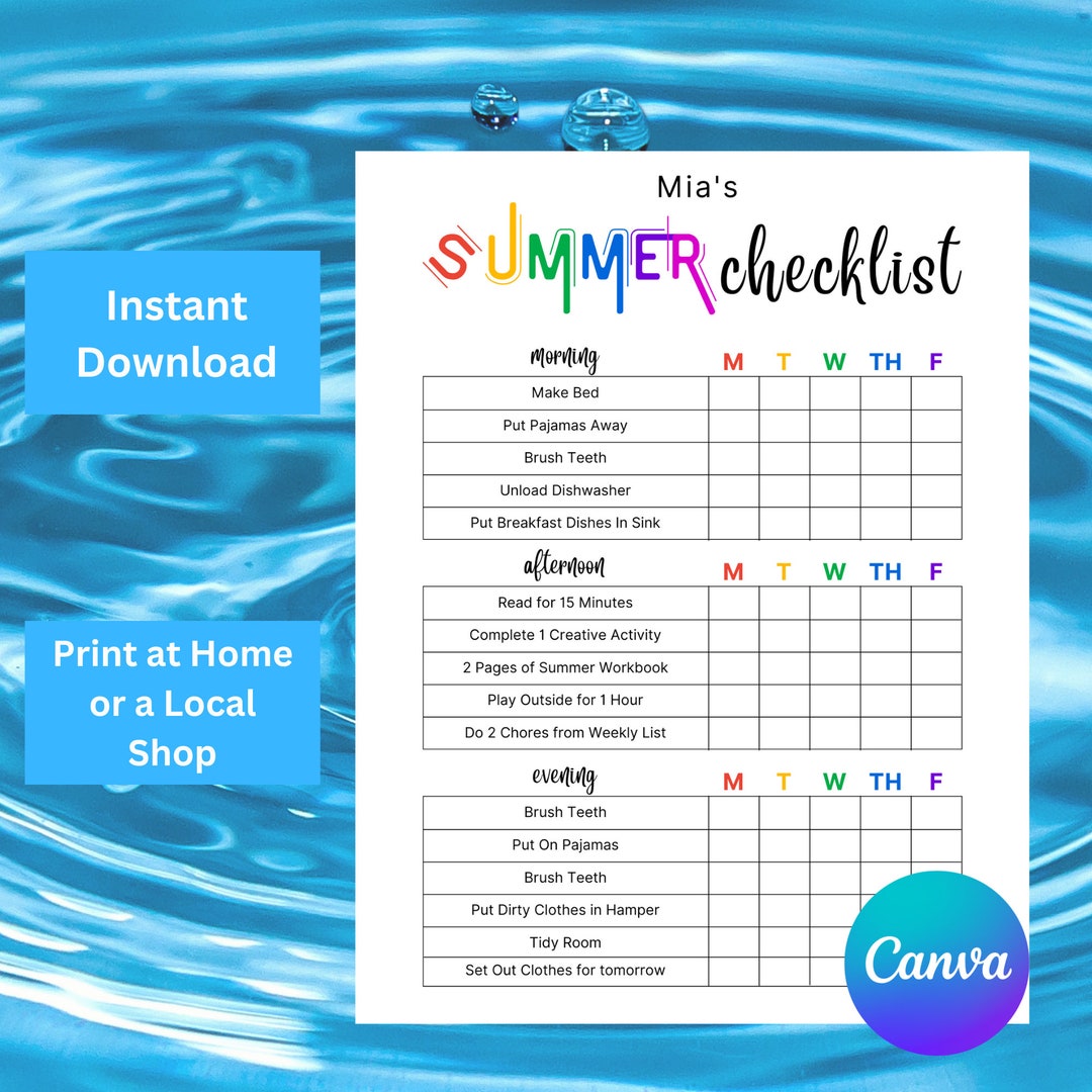 Printable Editable SUMMER Daily Checklist for Kids, Chore Chart for ...