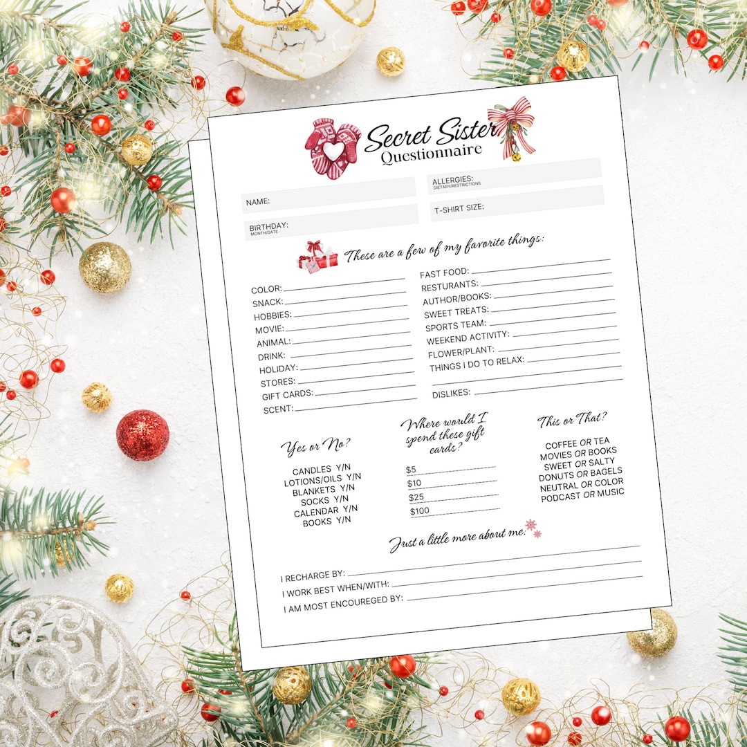 Holiday Secret Sister Questionnaire, Christmas Wish List, Church Gift ...