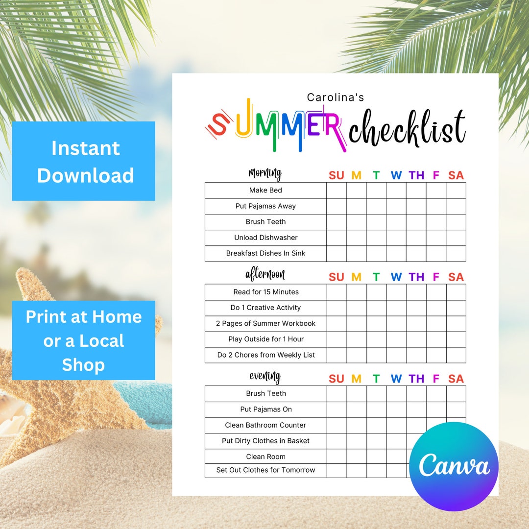 Printable Editable SUMMER Daily Checklist for Kids, Chore Chart for ...