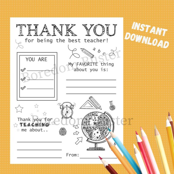 Teacher Appreciation Letter Thank You Teacher Coloring Page | Etsy