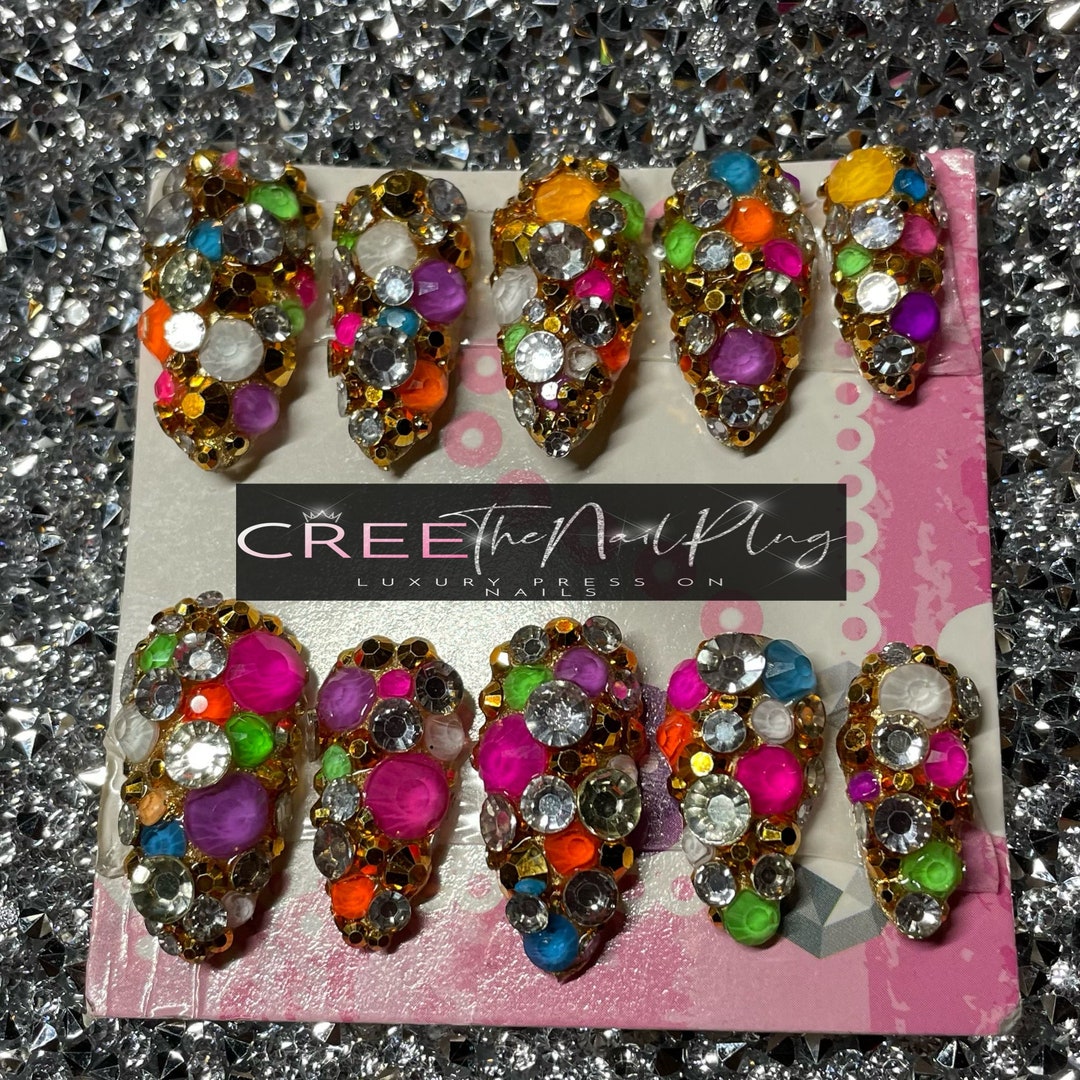 Neon Short Bling Almond Nails With Gold Colorful Swarovski Rhinestones ...
