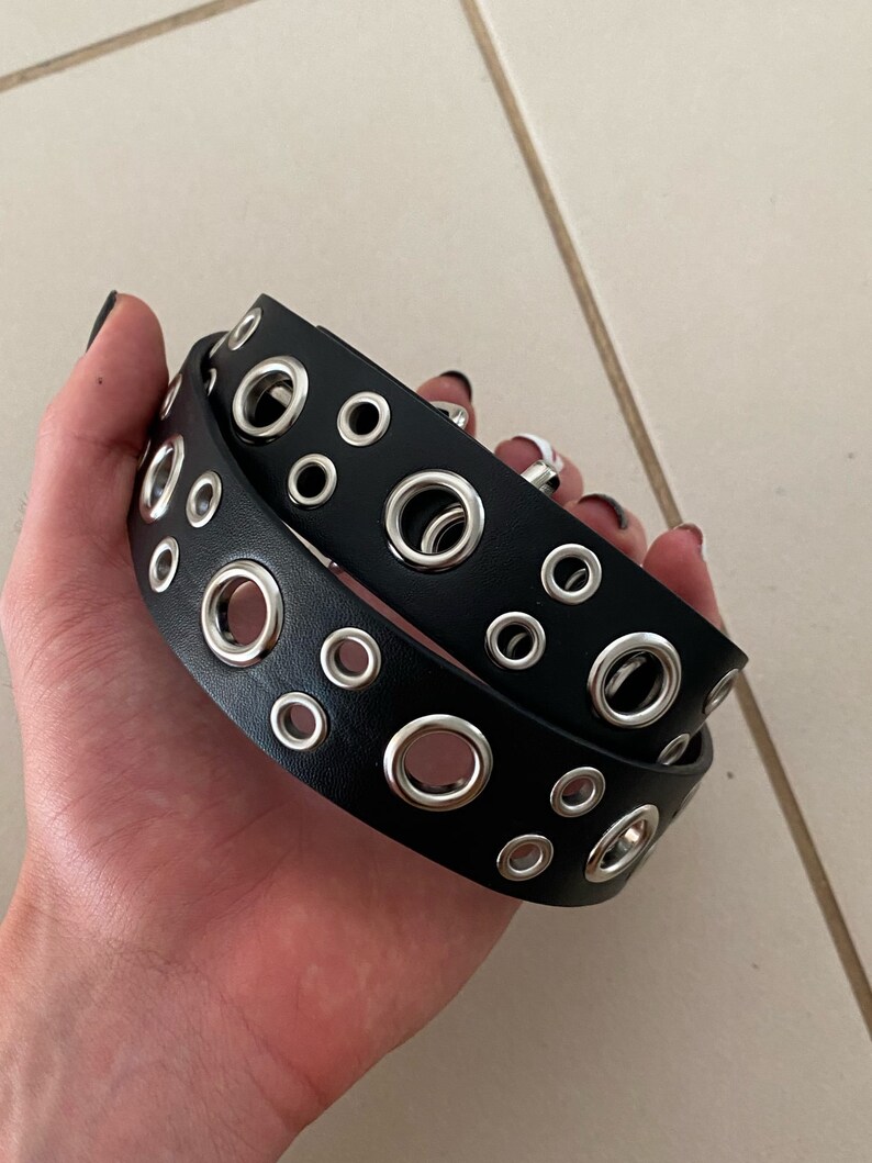 Black Leather Double Row Grommet Belt Punk Chain Belt Y2K - Etsy