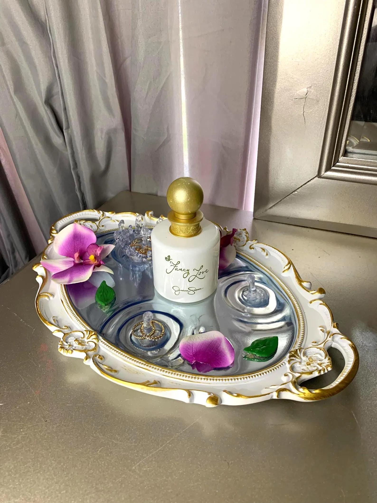Overflowing Grace | Orchid White Round Resin Mirror & Treasure Tray ...
