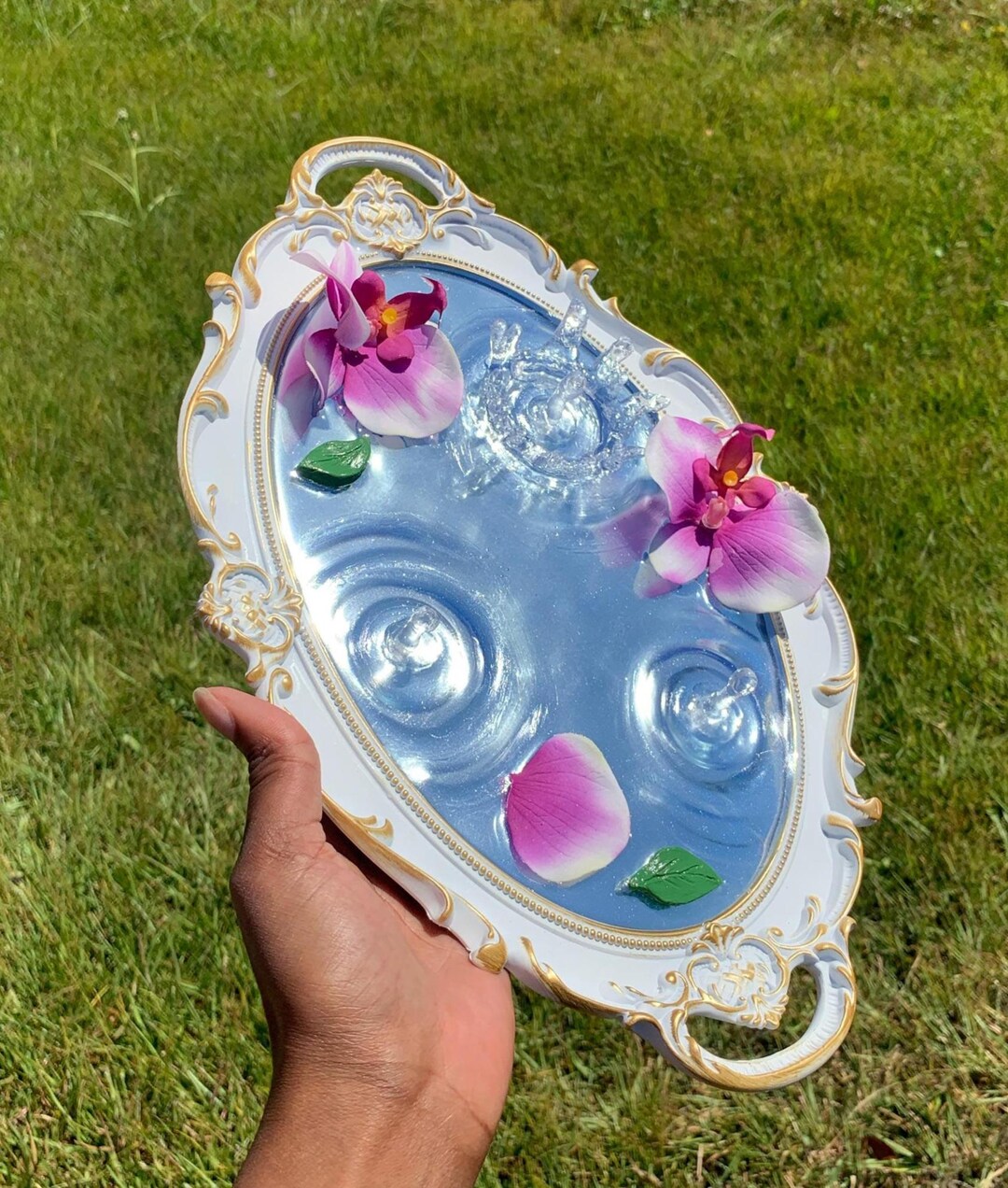 Overflowing Grace | Orchid White Round Resin Mirror & Treasure Tray ...