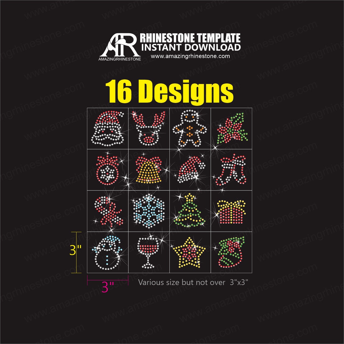 16 Christmas Cute and Small Rhinestone Template Instant Download, Santa ...