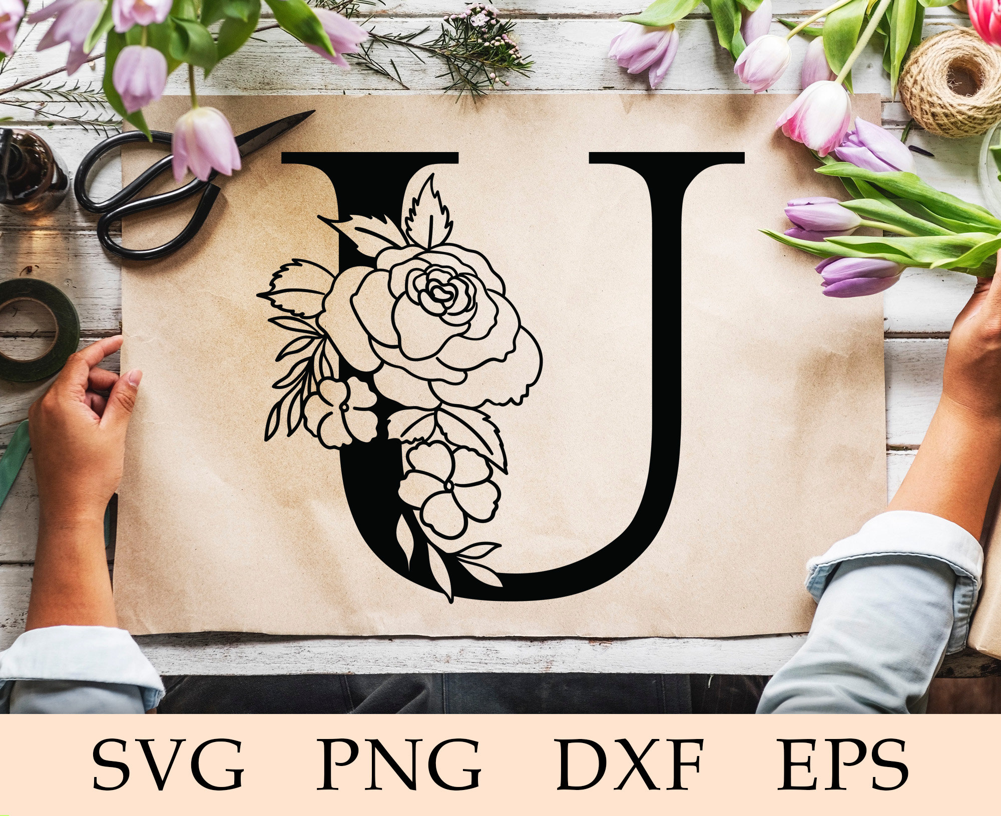 Floral Letter U Svg, Floral Alphabet U Svg, Initial U Svg, Botanical ...