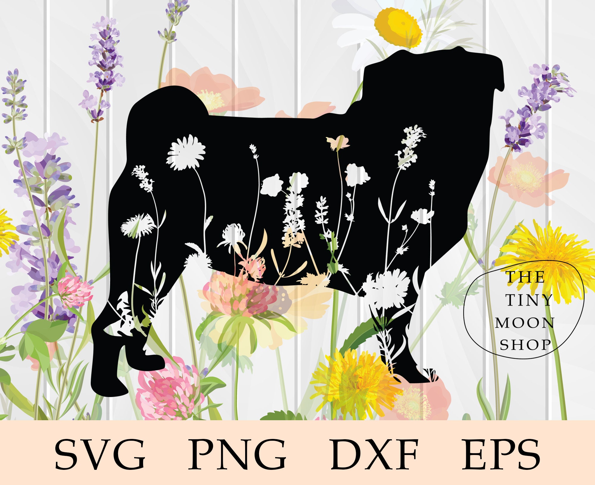 Floral Pug Silhouette svg Flower Pug svg Pug Silhouette svg | Etsy