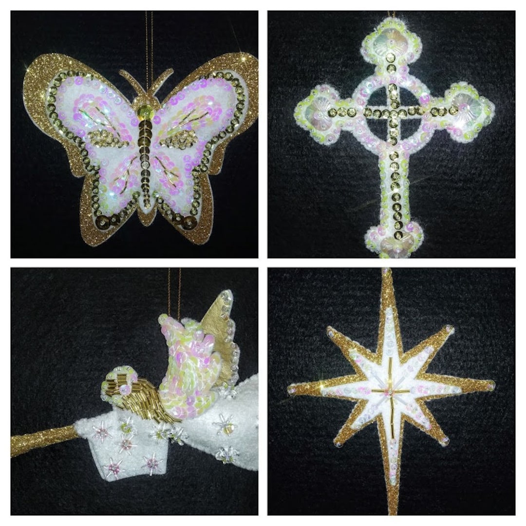 Made to Order Chrismon Christmas Ornaments Set of 4 White and Gold Felt ...