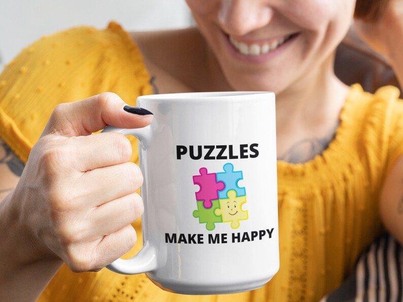 Puzzles Make Me Happy 15oz White Ceramic Coffee Mug With Puzzle Pieces ...