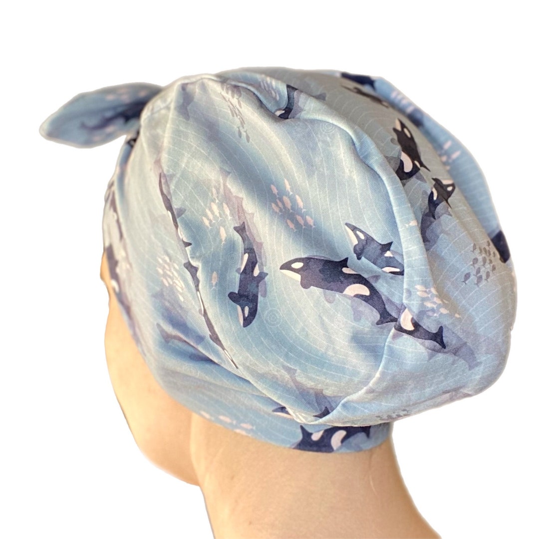 Multi-way Bow Stretchy Scrub Cap, Blue Orca Whale Tie Scrub Nurse Hat ...