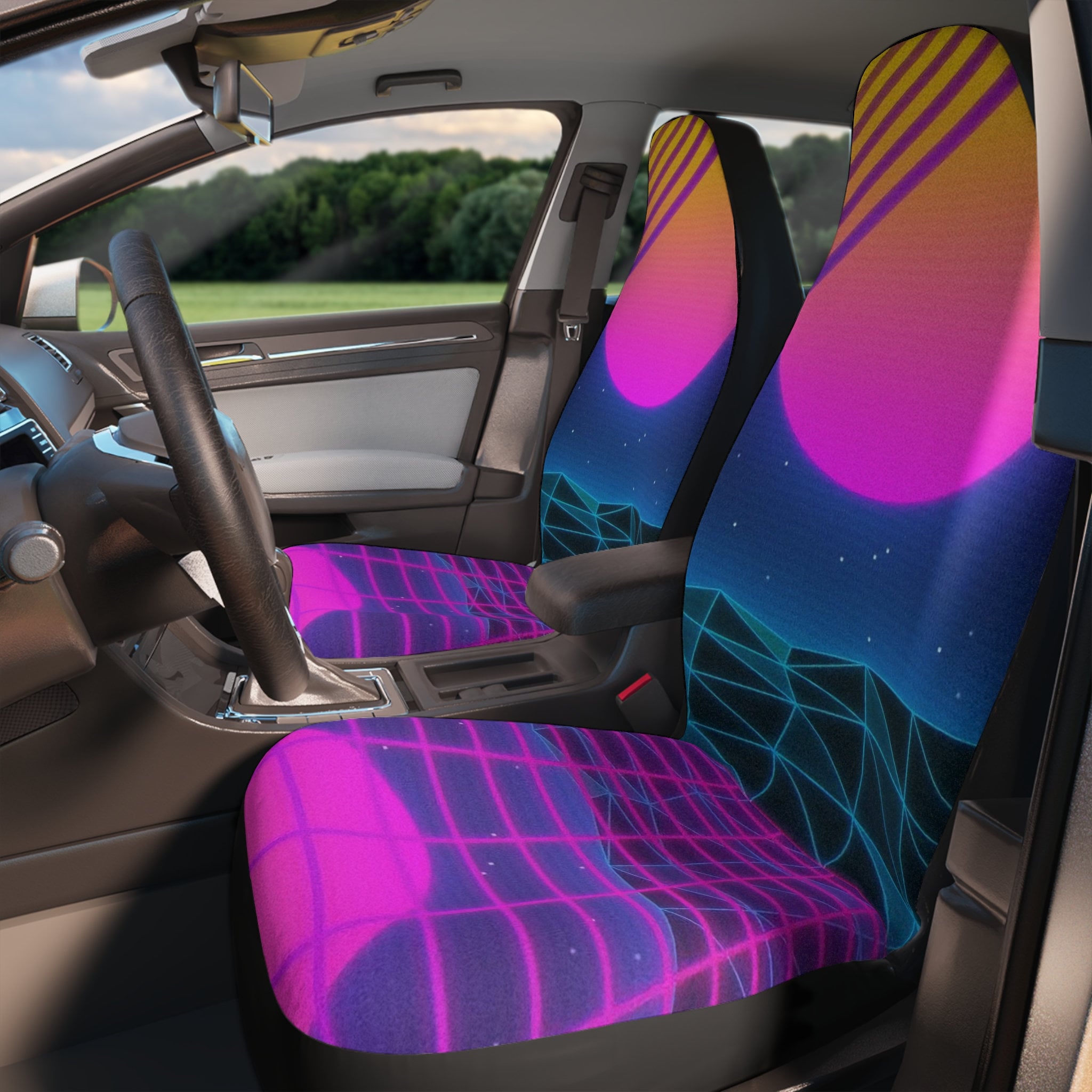 Synthwave Sunset Neon Grid Retro Vaporwave Car Seat Cover